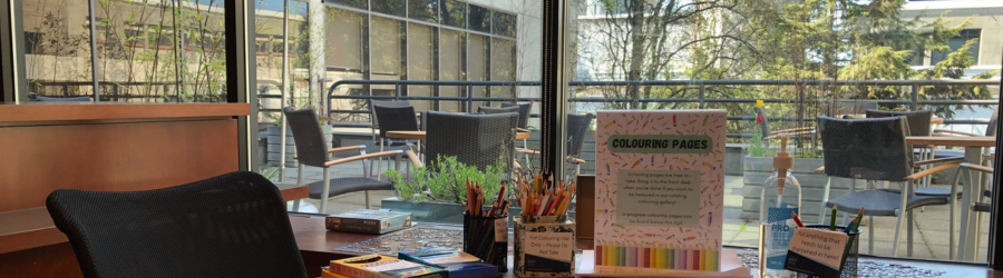 David Lam Library art supplies and window view.